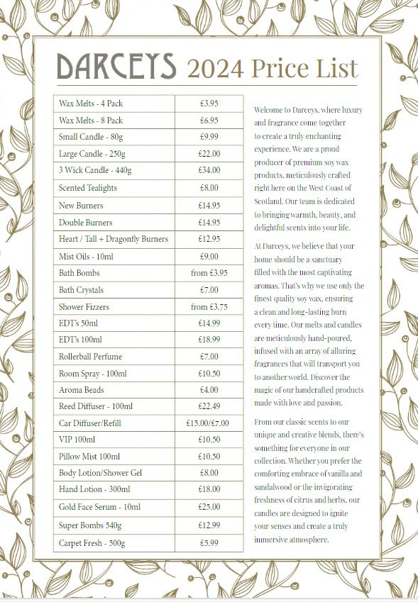 Product Price List 2024 – Darceys Candles UK